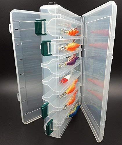 LESOVI Double Sided Fishing Tackle Box 14 Compartments Visible Hard Plastic Clear Fishing Lure Bait Squid Jig Minnows Hooks Accessory Storage Case Container