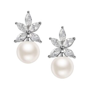 sweetv cluster pearl wedding earrings for birdes bridesmaid, crystal cz pearl stud earrings for women, prom, ivory