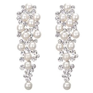 brilove wedding bridal simulated pearl earrings for women crystal chandelier multi beaded cluster dangle earrings ivory color silver-tone