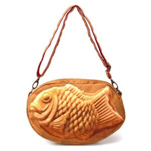 taiyaki kawaii purse shoulder bag - japanese fish cake plush travel clutch brown free size