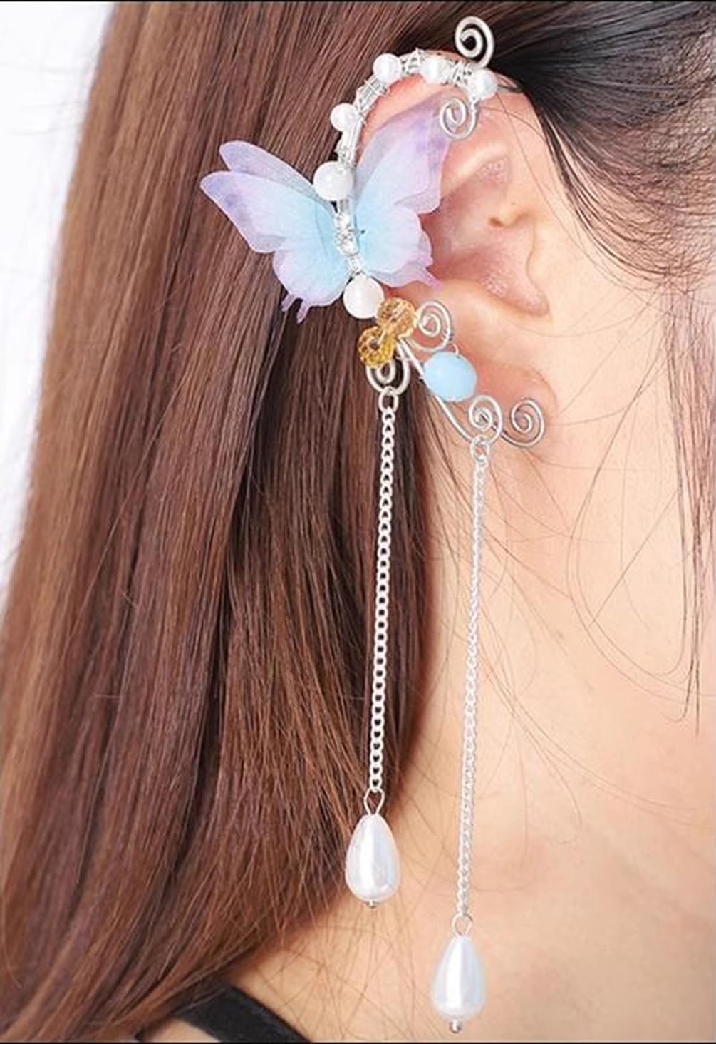 SXNK7 Elf Ear Cuffs Clip on Earrings Butterfly Flower Tassel Filigree Elven Cosplay Fairy Ear Wrap Cuffs Earrings for Women Wedding Jewelry