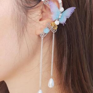 SXNK7 Elf Ear Cuffs Clip on Earrings Butterfly Flower Tassel Filigree Elven Cosplay Fairy Ear Wrap Cuffs Earrings for Women Wedding Jewelry