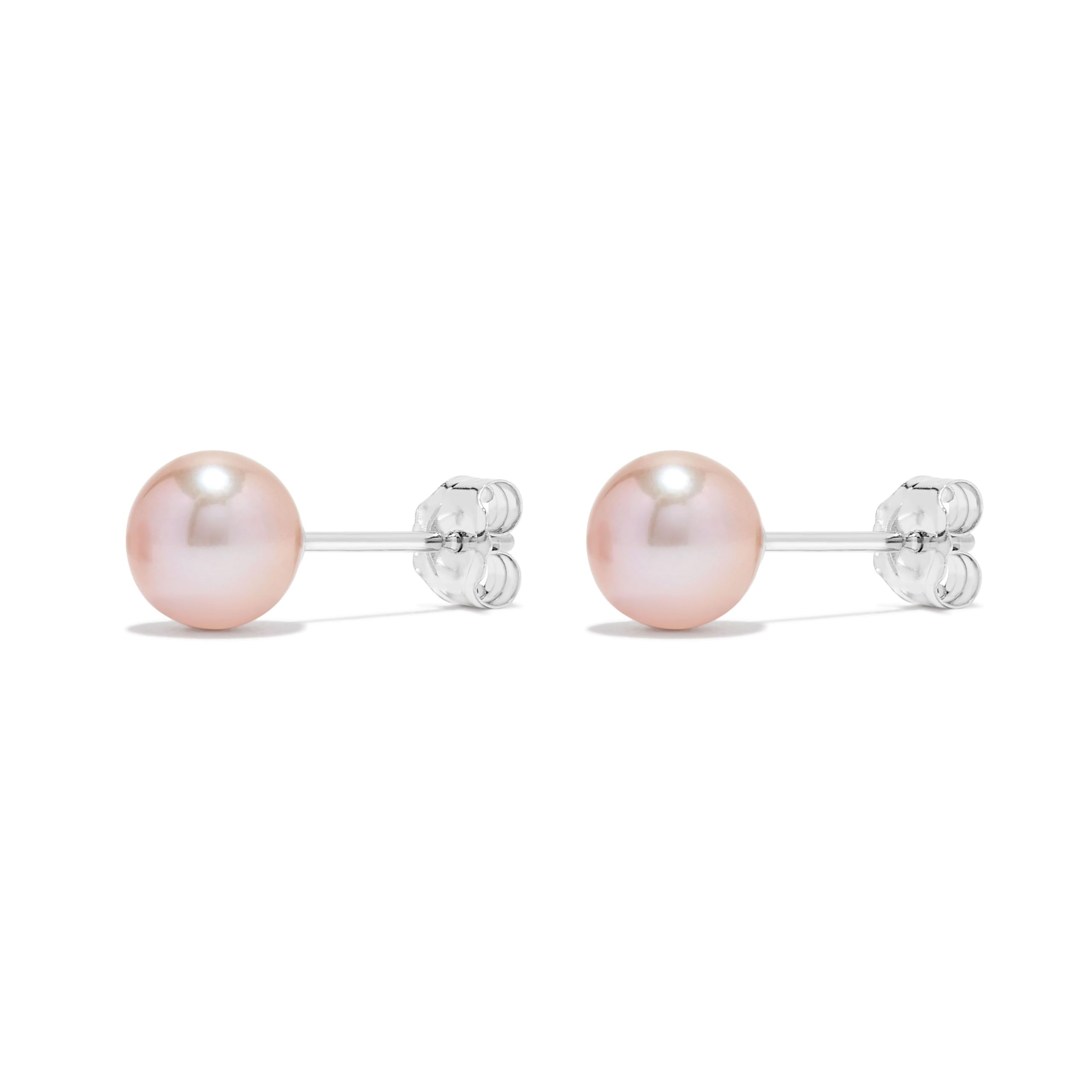 14K Gold Round Pink Freshwater Cultured Pearl Classic Bridal Stud Earrings - Choice of Sizes & Gold Color (6-6.5mm, White Gold)