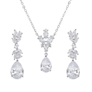 sweetv teardrop wedding bridal jewelry set for brides bridesmaid, silver crystal pendant necklace drop dangle earrings set for women