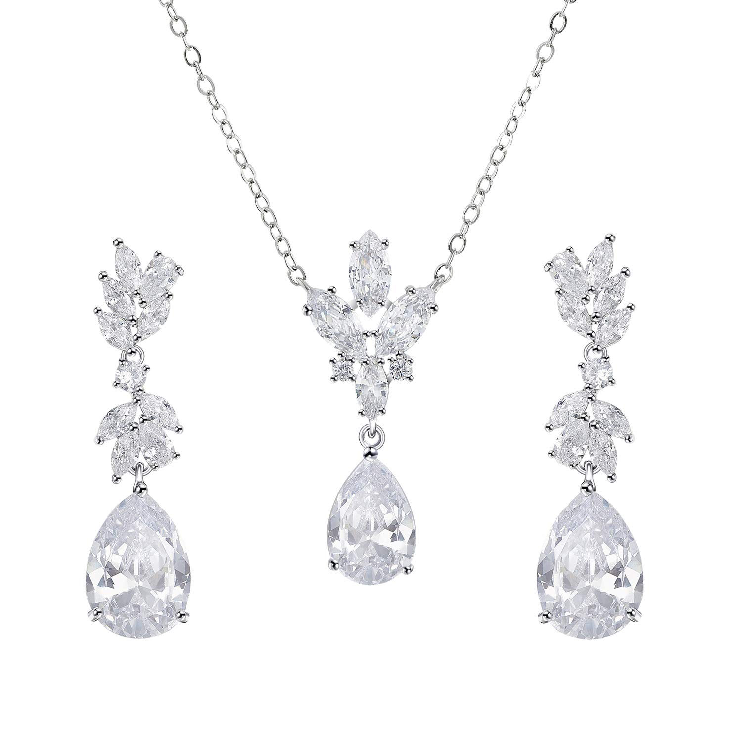 SWEETV Teardrop Wedding Bridal Jewelry Set for Brides Bridesmaid, Silver Crystal Pendant Necklace Drop Dangle Earrings Set for Women