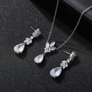 SWEETV Teardrop Wedding Bridal Jewelry Set for Brides Bridesmaid, Silver Crystal Pendant Necklace Drop Dangle Earrings Set for Women