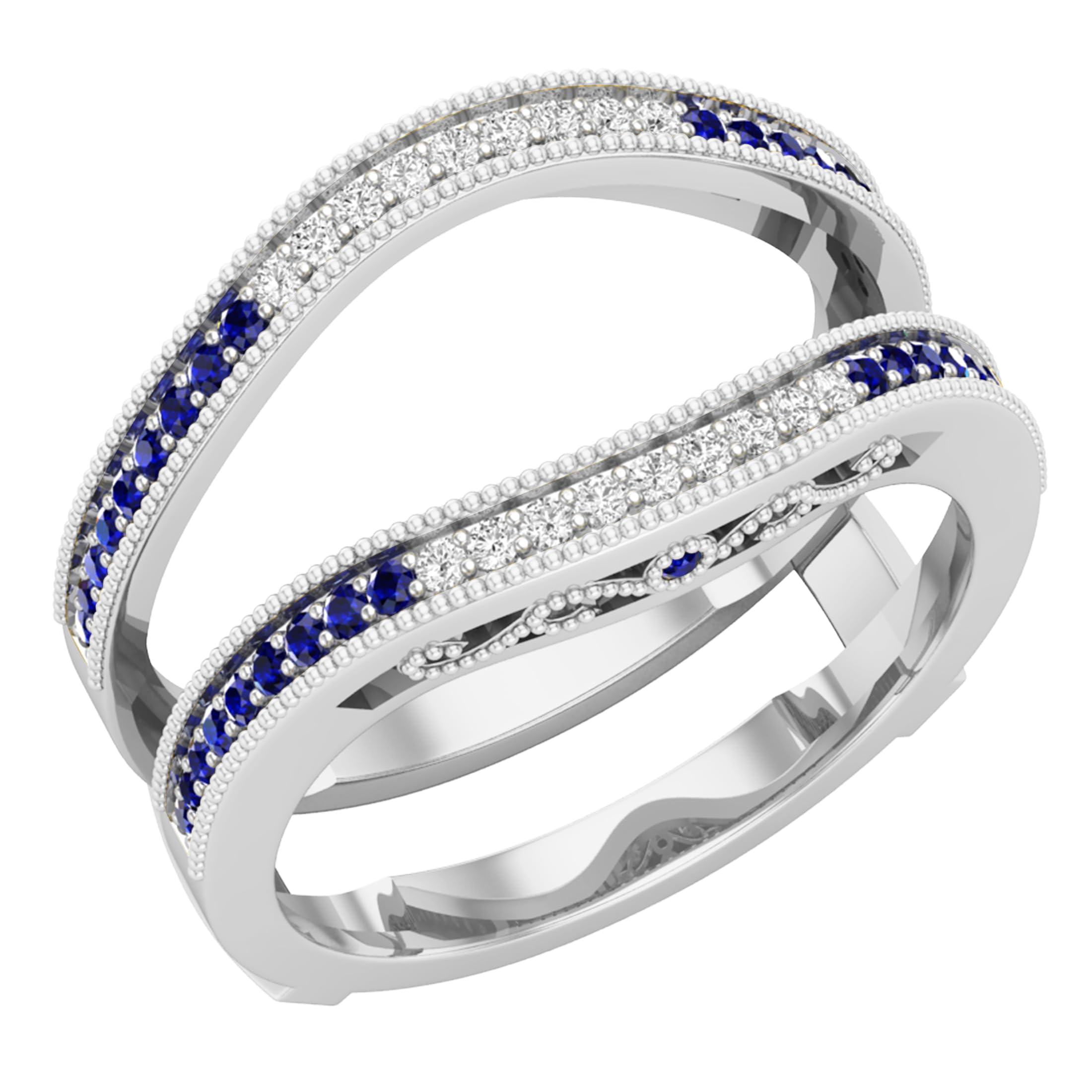 Dazzlingrock Collection Round Blue Sapphire & White Diamond Women Wedding Band Enhancer Guard Ring, 10K White Gold, Size 7