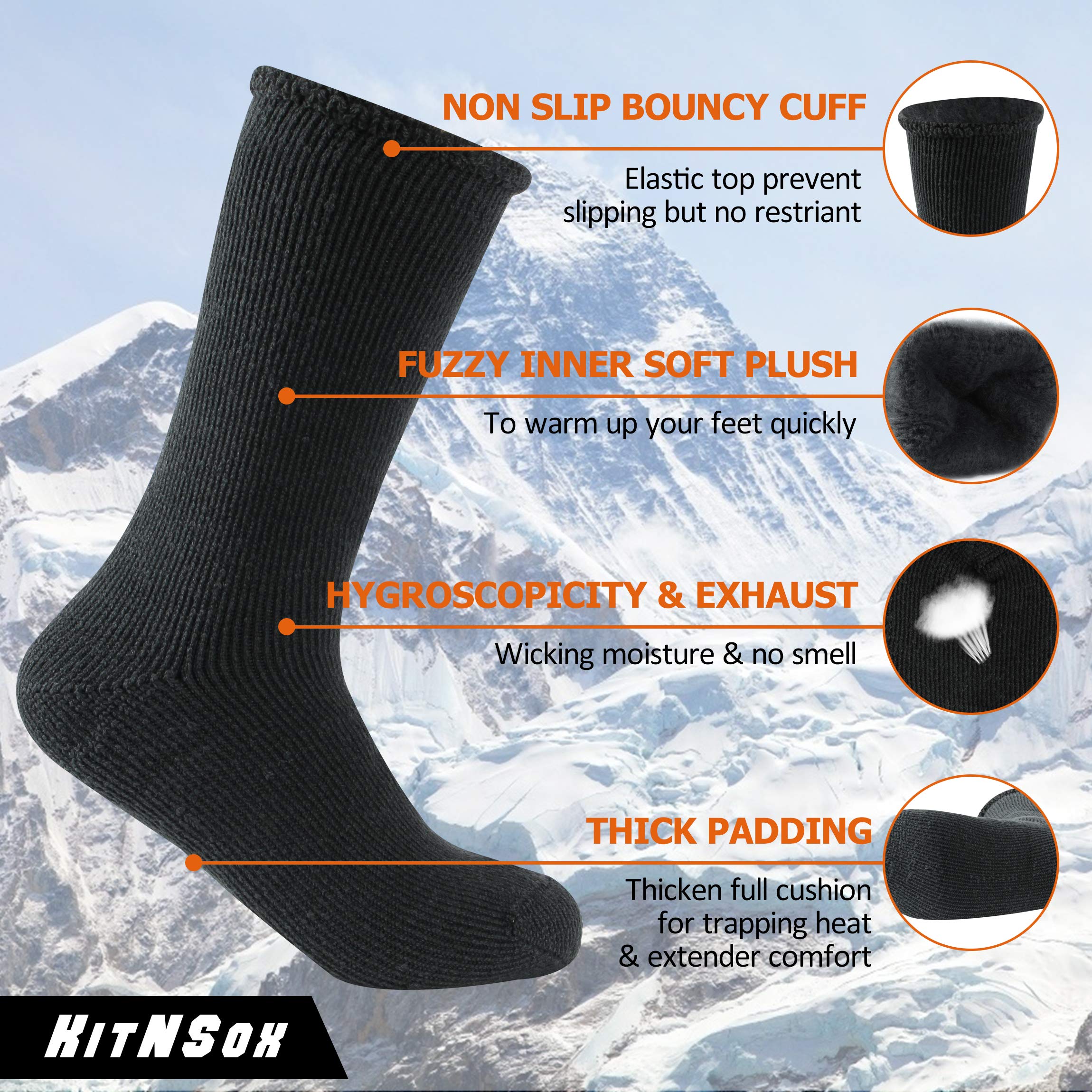 KitNSox Thermal Heat Socks for Men, Crew Heated Insulated Thick Warm Fuzzy Hiker Boot Socks for Hiking Hunting Backpacking,Large, 2 Pairs Black & Deep Gray