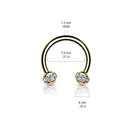 Crystals Paved Around ball Gold PVD Over 316L Surgical Steel Horseshoes for Ear Cartilage, Daith, Eyebrow, Nose Septum and More (Clear)