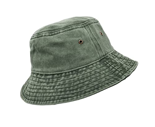 Bucket Hat, Wide Brim Washed Denim Cotton Outdoor Sun Hat Flat Top Cap for Fishing Hiking Beach Sports Army Green