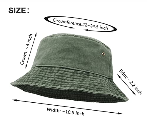 Bucket Hat, Wide Brim Washed Denim Cotton Outdoor Sun Hat Flat Top Cap for Fishing Hiking Beach Sports Army Green