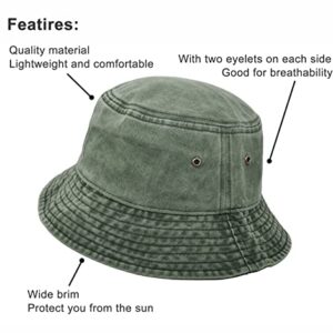 Bucket Hat, Wide Brim Washed Denim Cotton Outdoor Sun Hat Flat Top Cap for Fishing Hiking Beach Sports Army Green