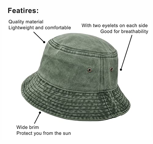 Bucket Hat, Wide Brim Washed Denim Cotton Outdoor Sun Hat Flat Top Cap for Fishing Hiking Beach Sports Army Green