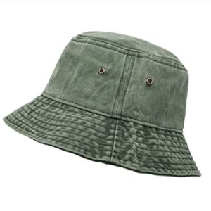 Bucket Hat, Wide Brim Washed Denim Cotton Outdoor Sun Hat Flat Top Cap for Fishing Hiking Beach Sports Army Green