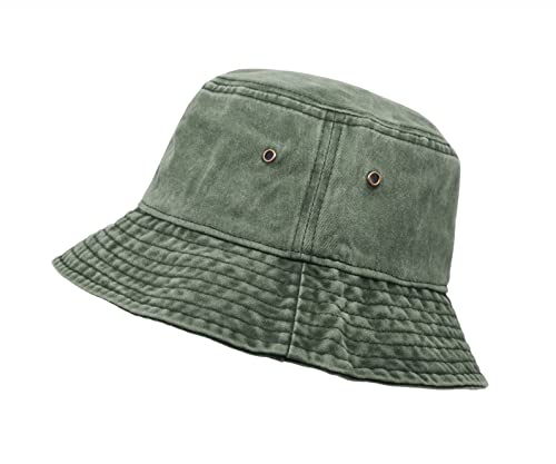 Bucket Hat, Wide Brim Washed Denim Cotton Outdoor Sun Hat Flat Top Cap for Fishing Hiking Beach Sports Army Green