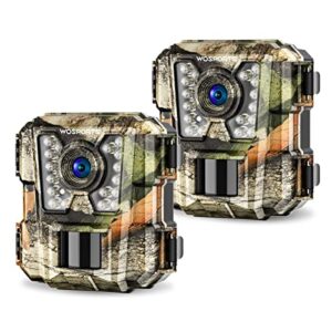 wosports mini trail camera 2 pack, 24mp 1080p hd game camera with sd card and 8aa batteries, fast trigger time infrared night vision hunting camera for wildlife monitoring