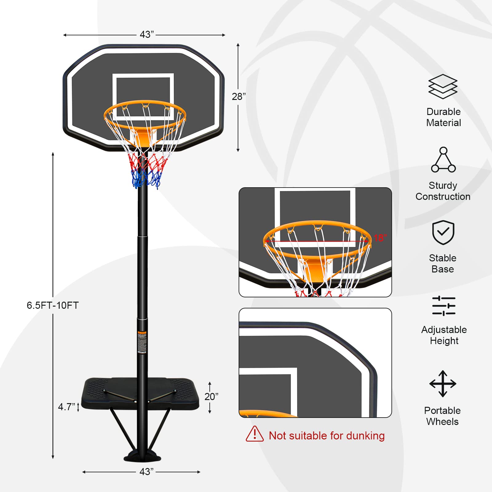 HaoKang Portable Basketball Hoop 6-10 ft Height Adjustable with 44" Backboard Free Standing Basketball Stand System