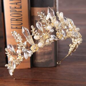 bmirth baroque crown and tiara gold crystal pearl bride wedding queen crowns decorative princess tiaras rhinestone hair accessories for women and girls (a)