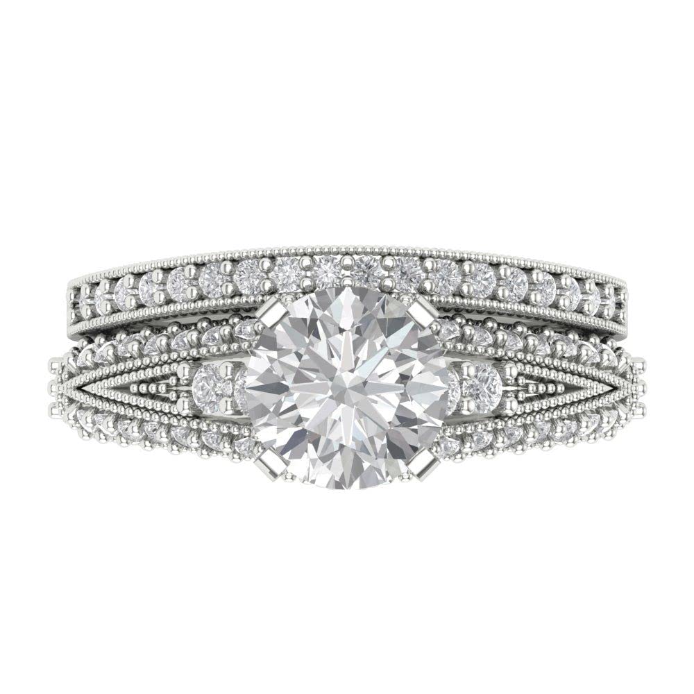 Clara Pucci 2.10ct Round Cut Solitaire Lab Created White Sapphire Engagement Promise Anniversary Bridal Ring Band set 14k White Gold 8