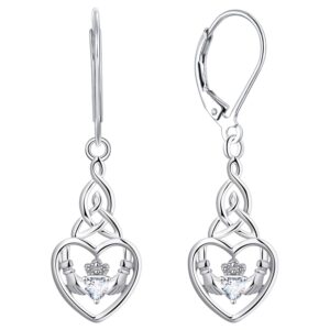 jo wisdom women earrings,925 sterling silver irish celtic claddagh love heart drop & dangle leverback earrings with 5a cubic zirconia april birthstone