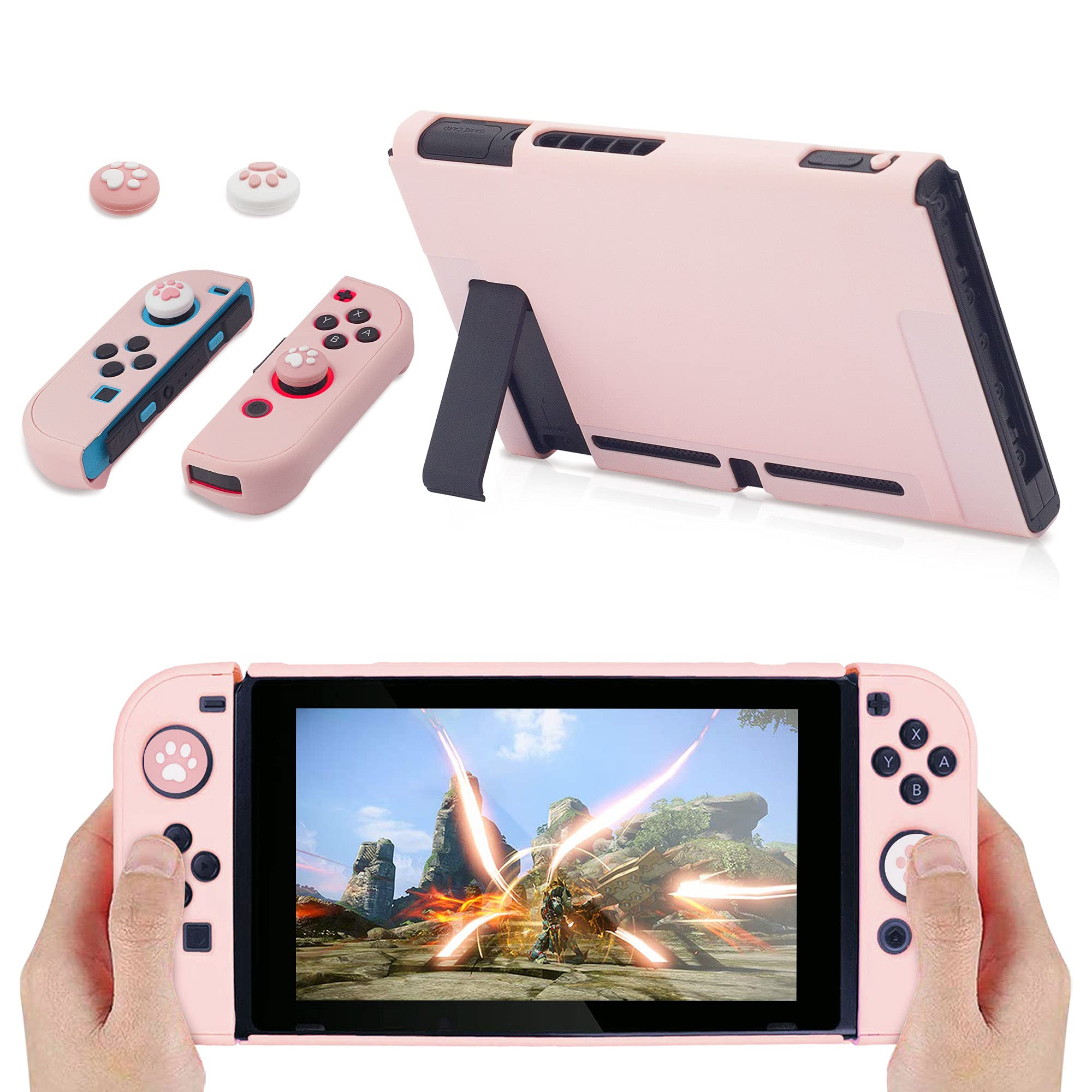 BRHE Cute Travel Carrying Case for Nintendo Switch Accessories Kit with Hard Protective Cover, Glass Screen Protector, Adjustable Stand and Thumb Grip Caps 10 in 1(Switch Pink)