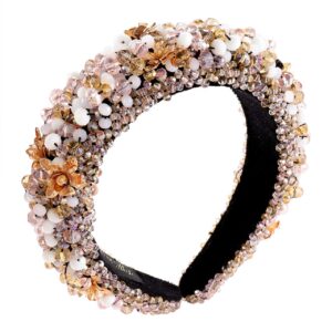 glbcc crystal padded headband for women handmade pink acrylic beaded headband boho small flower embellished hair band black velvet hair hoop (pink headband)