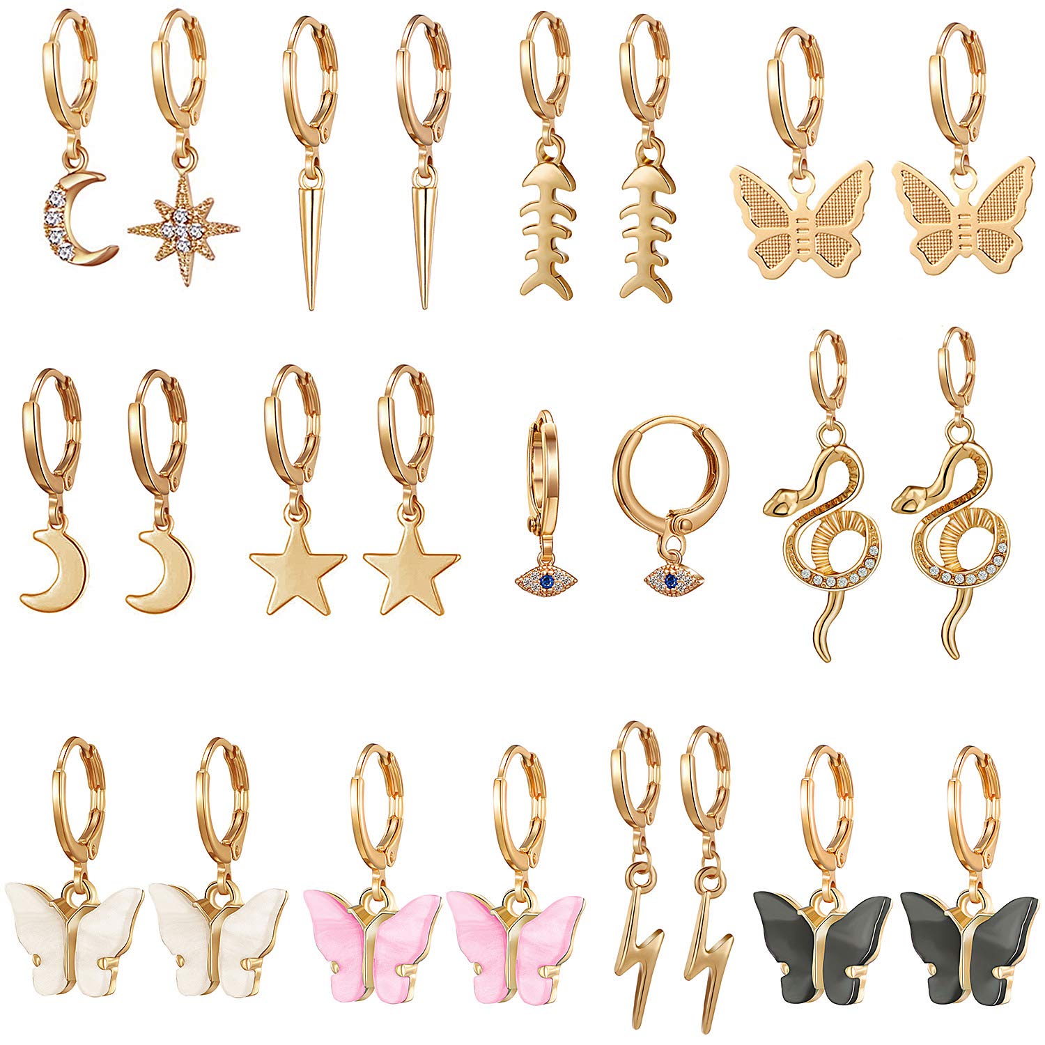 12 Pairs Gold Butterfly Earrings for Women Dangle - Butterfly Dangle Earrings for Women - Gold Hoop Earrings with Charm- Spike Hoop Earrings Set for Young Women - Cute Earrings for Women