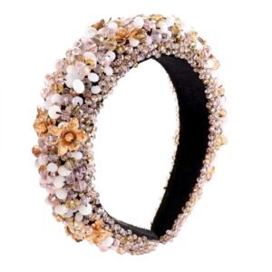 GLBCC Crystal Padded Headband for Women Handmade Pink Acrylic Beaded Headband Boho Small Flower Embellished Hair Band Black Velvet Hair Hoop (pink headband)