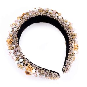 GLBCC Crystal Padded Headband for Women Handmade Pink Acrylic Beaded Headband Boho Small Flower Embellished Hair Band Black Velvet Hair Hoop (pink headband)