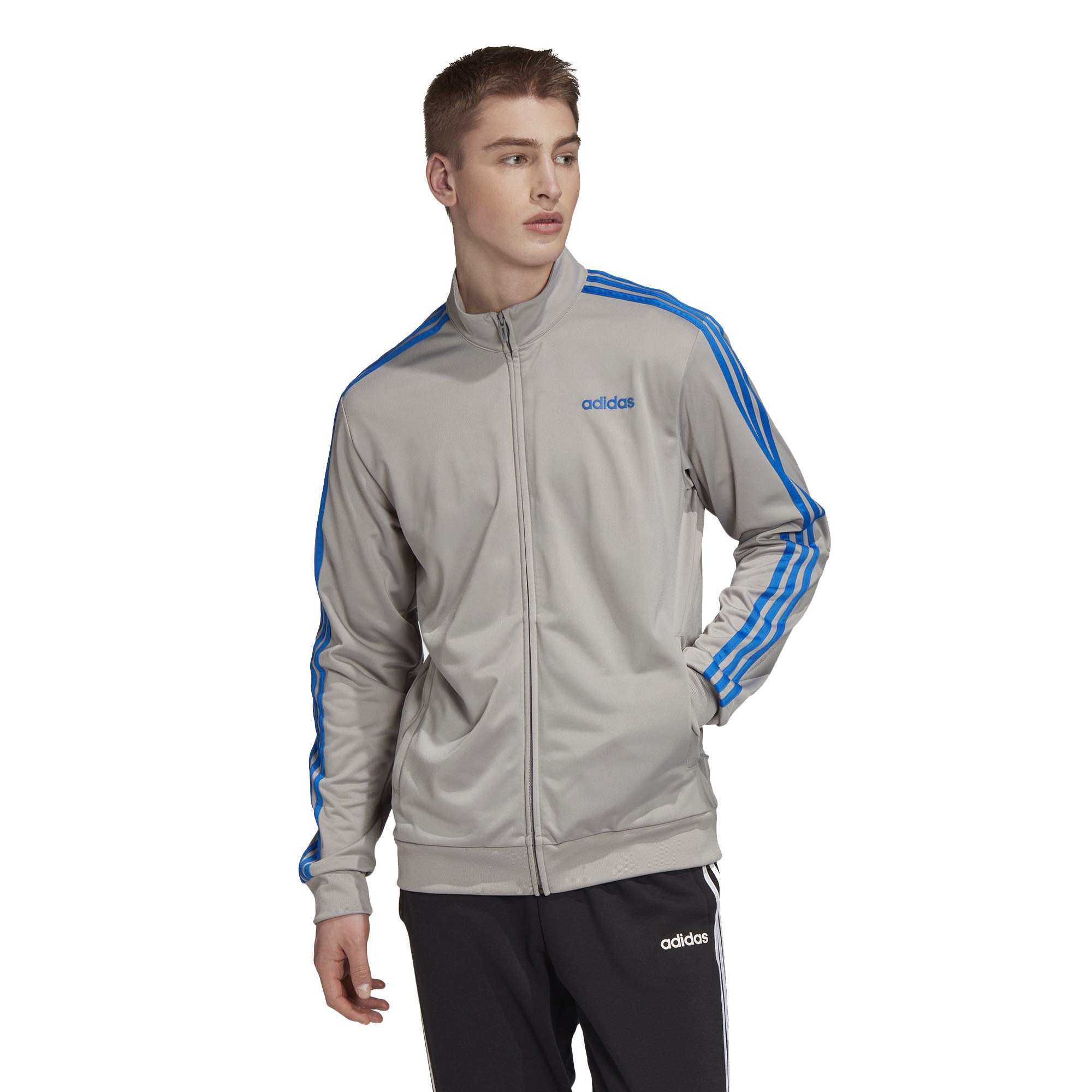 adidas Men's Essentials 3-stripes Tricot Track Jacket, MGH Solid Grey/Glory Blue, S