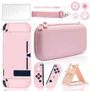 brhe cute travel carrying case for nintendo switch accessories kit with hard protective cover, glass screen protector, adjustable stand and thumb grip caps 10 in 1(switch pink)