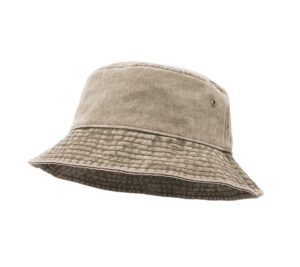 bucket hat, wide brim washed denim cotton outdoor sun hat flat top cap for fishing hiking beach sports khaki