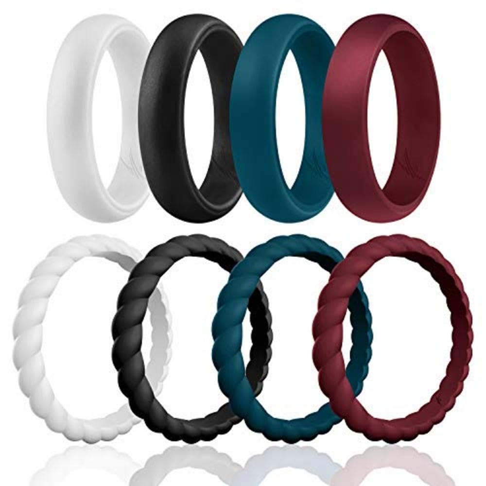 ROQ Silicone Rubber Wedding Ring for Women, Thin Braided Point Stackable Rubber Silicone Wedding Band, Bridal Jewelry Set, 2.55mm Wide 2mm Thick, 8 Pack, Black, White, Bordeaux, Dark Blue, Size 6