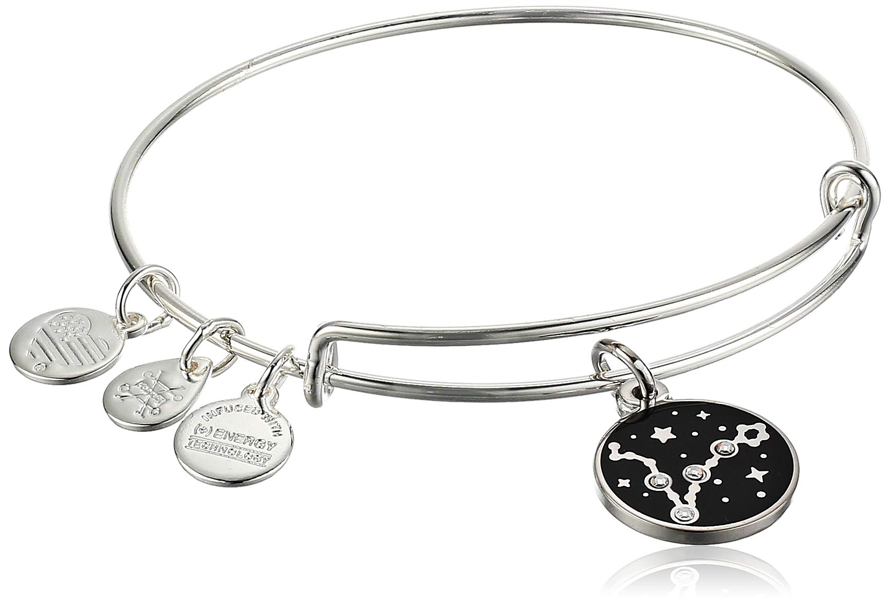 Alex and Ani Zodiac Expandable Bangle for Women, Pisces Charm, Black Epoxy and Crystals, Shiny Silver Finish, 2 to 3.5 in