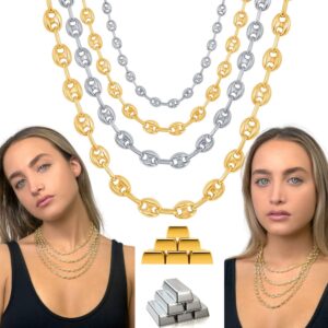 Coffee Bean Necklace Puffed Mariner Anchor Chain Link Necklace Gold | 14k Gold Plated and Silver | Chain Link Necklaces for Women (6mm- 18 inch)