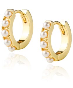 lavla pearl huggie earrings | 14k gold plated or silver small tiny pearl hoop earrings for women (gold pearl)