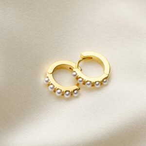 LAVLA Pearl Huggie Earrings | 14k Gold Plated or Silver Small Tiny Pearl Hoop Earrings For Women (Gold Pearl)