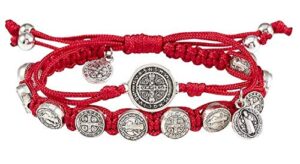 red st benedict bracelet with silver toned medals on adjustable double strand macrame jewelry accessory, 8 inch