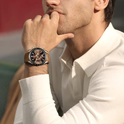 BY BENYAR Mens Watches Analog Quartz Chronograph Waterproof Brown Leather Men's Wrist Watches Business Work Casual Sport Classic Big Face Dress Watch Unique Elegant Gifts for Men