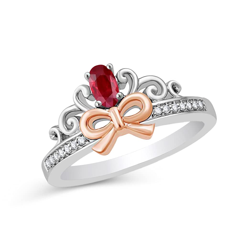 Jewelili Enchanted Disney Fine Jewelry Sterling Silver and 10K Rose Gold Diamond Accent and Garnet Snow White Bow Ring, Size 8