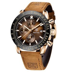 by benyar mens watches analog quartz chronograph waterproof brown leather men's wrist watches business work casual sport classic big face dress watch unique elegant gifts for men