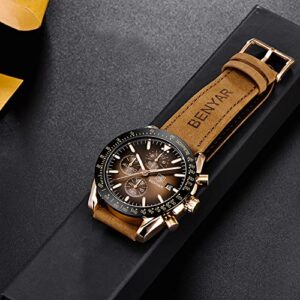 BY BENYAR Mens Watches Analog Quartz Chronograph Waterproof Brown Leather Men's Wrist Watches Business Work Casual Sport Classic Big Face Dress Watch Unique Elegant Gifts for Men