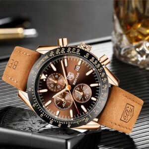 BY BENYAR Mens Watches Analog Quartz Chronograph Waterproof Brown Leather Men's Wrist Watches Business Work Casual Sport Classic Big Face Dress Watch Unique Elegant Gifts for Men