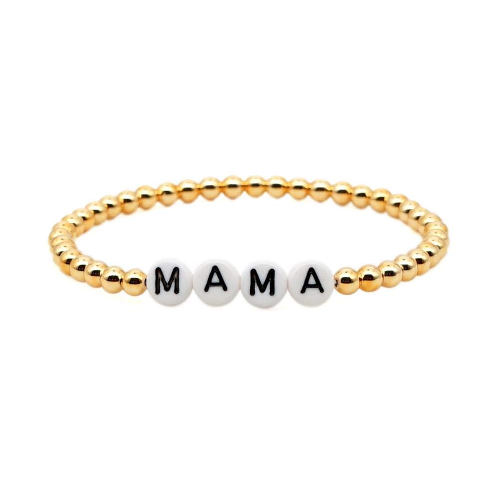 The Woo's Gold Color Ball Beaded Bracelets Brass MAMA Love Letter Wrapped Bracelet Boho Handmade Beads Charm Bracelet Summer Femme Friendship Jewelry for Women Stretch Stackable Bracelet-mama