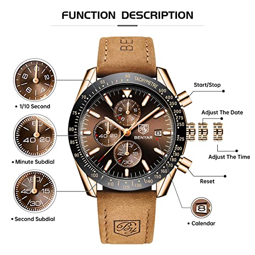 BY BENYAR Mens Watches Analog Quartz Chronograph Waterproof Brown Leather Men's Wrist Watches Business Work Casual Sport Classic Big Face Dress Watch Unique Elegant Gifts for Men