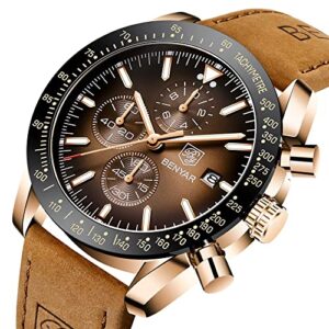 BY BENYAR Mens Watches Analog Quartz Chronograph Waterproof Brown Leather Men's Wrist Watches Business Work Casual Sport Classic Big Face Dress Watch Unique Elegant Gifts for Men