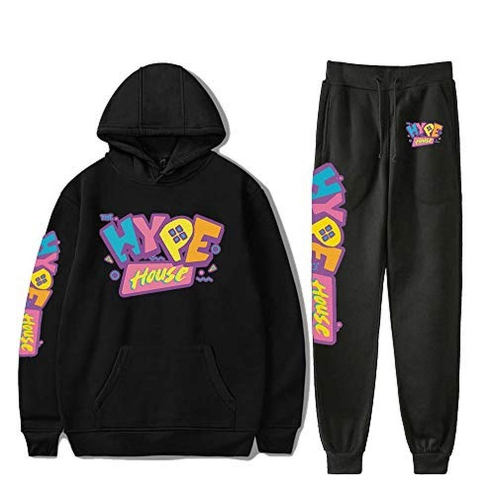 WAWNI The Hype House Hoodies Set Men Women Hoodie Pants Two-Piece Sweatshirt Suit (Black,XL)