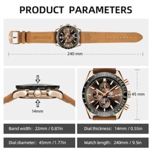 BY BENYAR Mens Watches Analog Quartz Chronograph Waterproof Brown Leather Men's Wrist Watches Business Work Casual Sport Classic Big Face Dress Watch Unique Elegant Gifts for Men