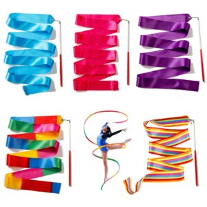 ceqiny 5pcs dance ribbons with wand 2 meters rhythmic gymnastic ribbon rainbow streamers dance streamer rhythm sticks art ribbon perfect for talent shows kids art dance baton twirling, assorted color