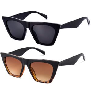 mosanana 2 pack pair cat eye sunglasses for women trendy square cateye black demi retro vintage cool 90s fashion cute funky ladies small face dark chunky unique baddie 2023 stylish sexy indie shine